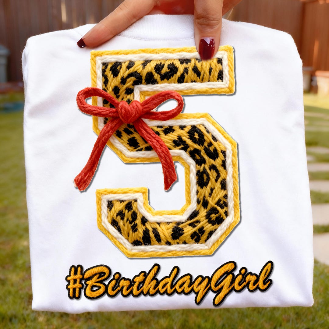 Faux Yarn Leopard Print Birthday Girl Number 5, Crochet Coquette Bow ...