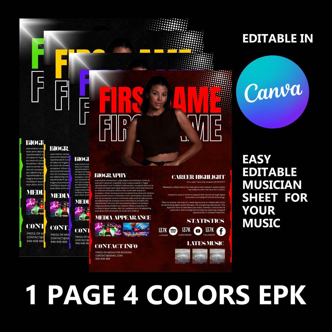1-page Musician Media Kit , EPK | 4 Colours | Editable Canva - Etsy