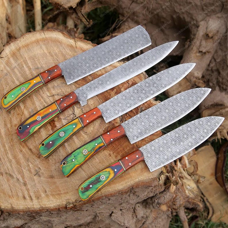 Hand Forged Damascus Steel Chef Knife Set: Rosewood Handle, Leather ...