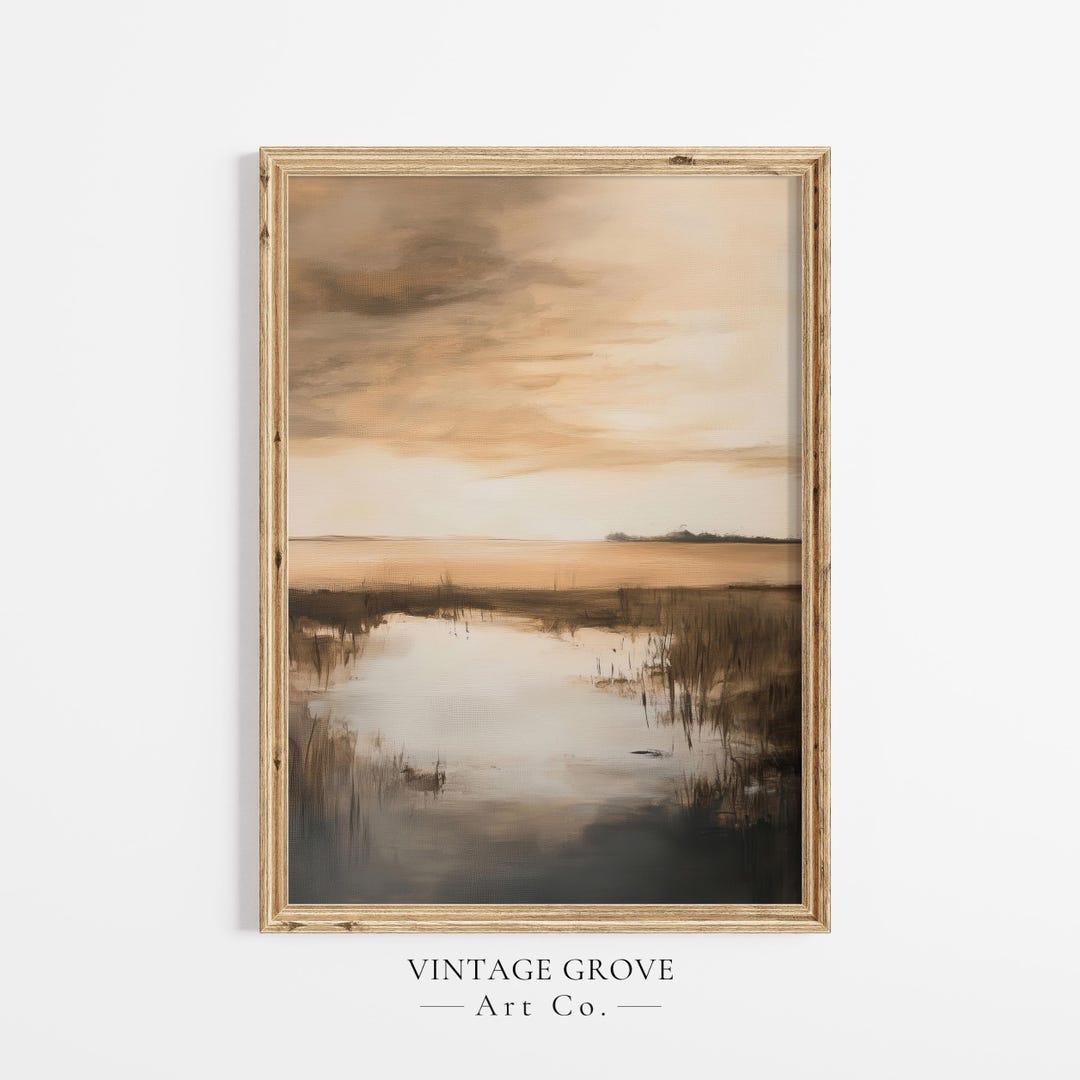 Vintage Sunset Marsh Art Print, Neutral Landscape Painting, Moody ...