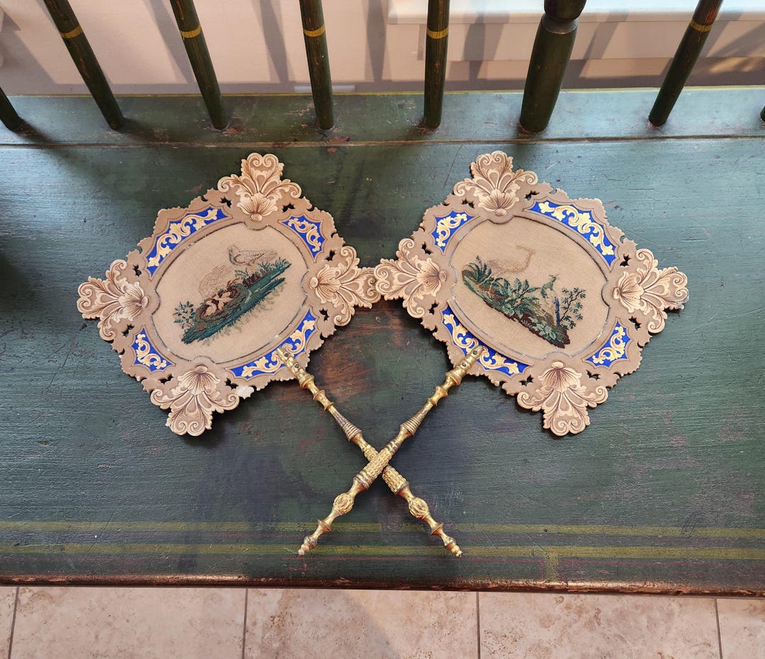 Pair of Antique French Hand Screens Fans Needlepoint Bird Fans - Etsy