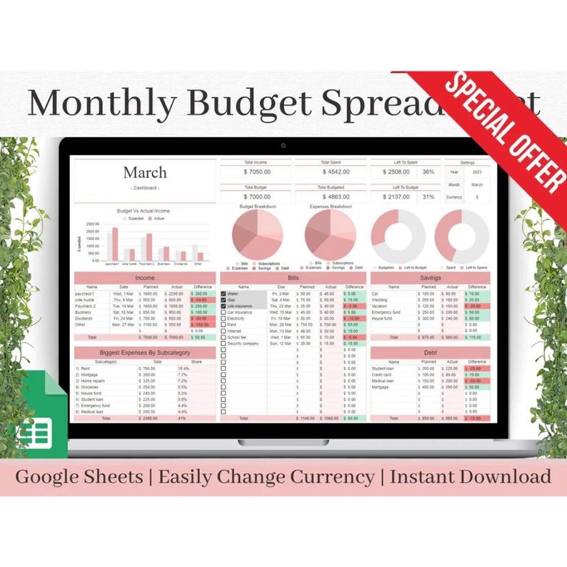 Monthly Budget Spreadsheet | Digital Budget Planner| Personal Finances ...