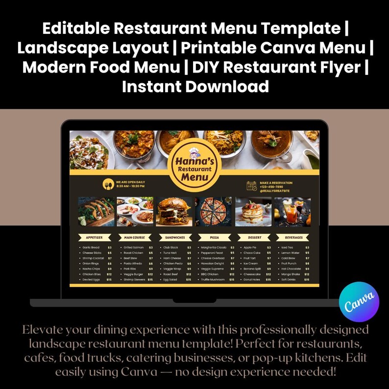 Editable Restaurant Menu Template: Modern Canva Design (instant ...