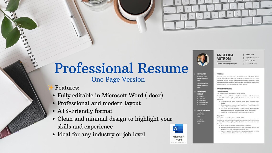 Professional Resume Template | Modern Minimalist CV Template | One Page ...
