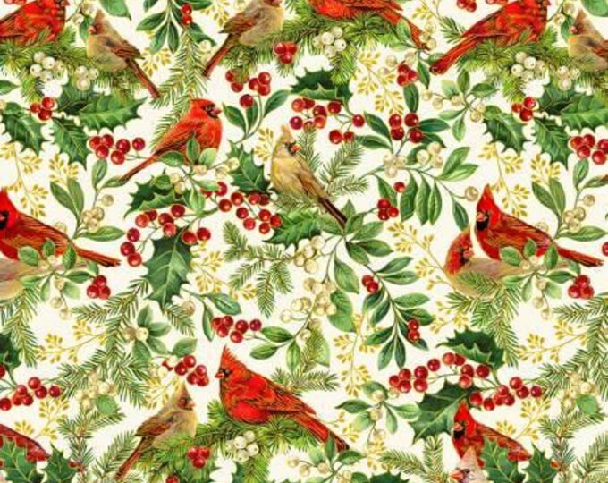 23 Inch End of Bolt Remnant Cardinal Bird Fabric: Cream Metallic ...