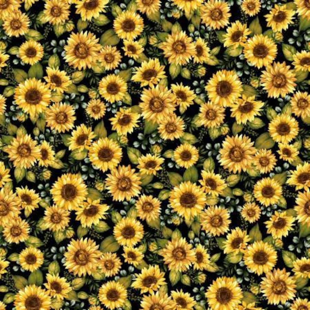 Sunflower Cotton Fabric: Seeds of Gratitude, Black Floral (half Yard ...
