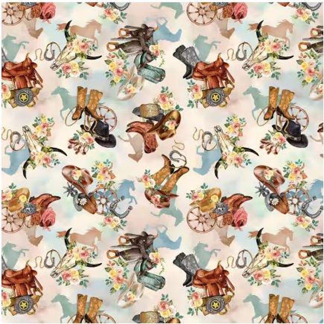 Western Floral Cotton Fabric: Cowboy Motifs (by the Half Yard) - Etsy