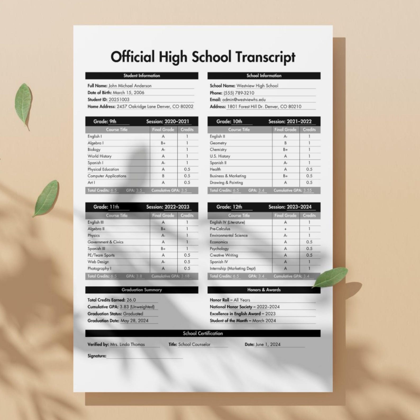 High School Transcript Template Black, Printable & Editable Home School ...