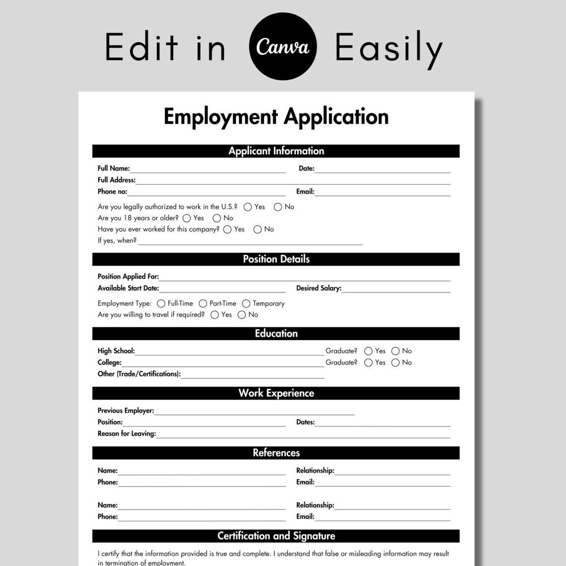 Employment Application Black, Printable Job Application Template, New ...