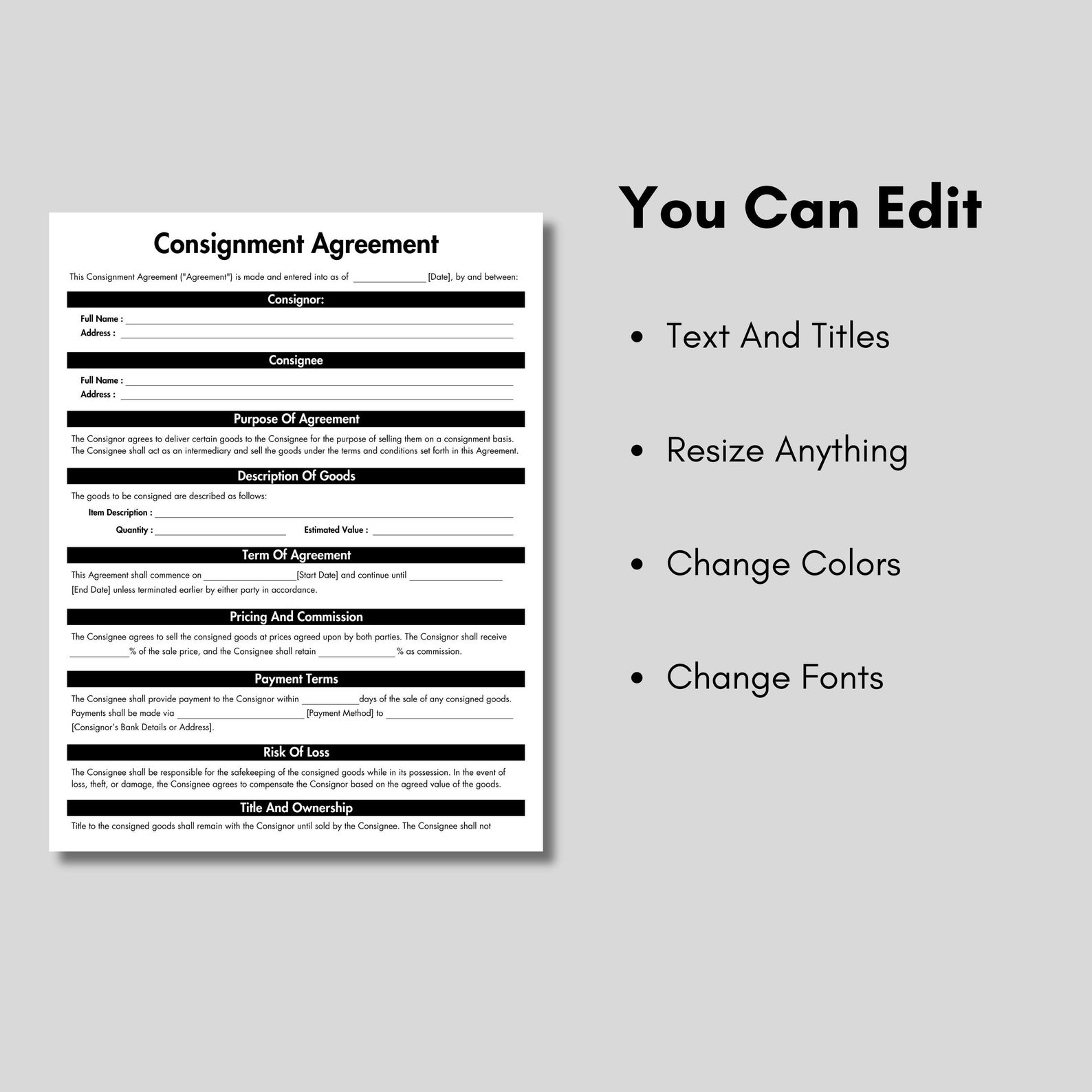 Printable Consignment Agreement, Consignment Contract Editable, Shop ...