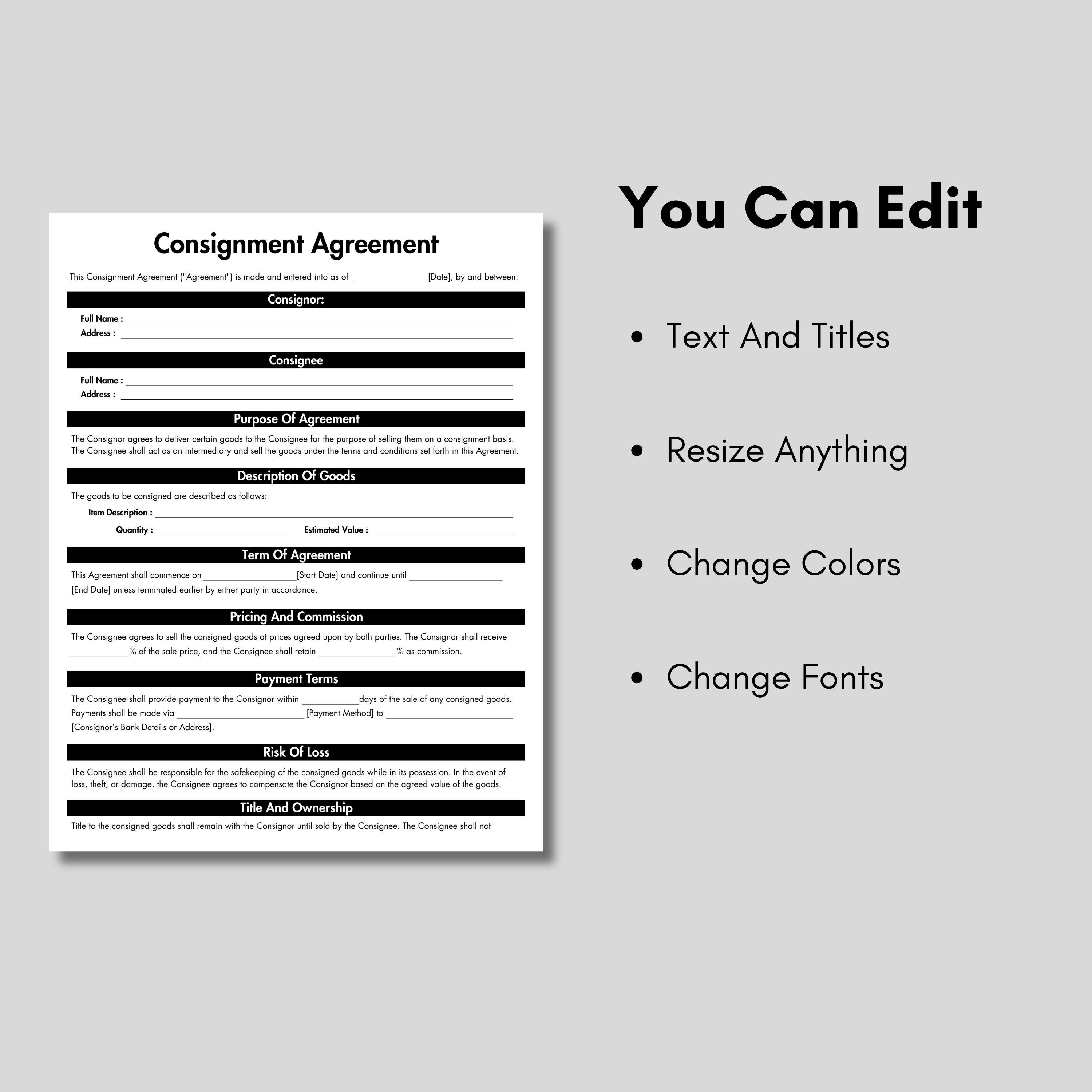 Printable Consignment Agreement, Consignment Contract Editable, Shop ...