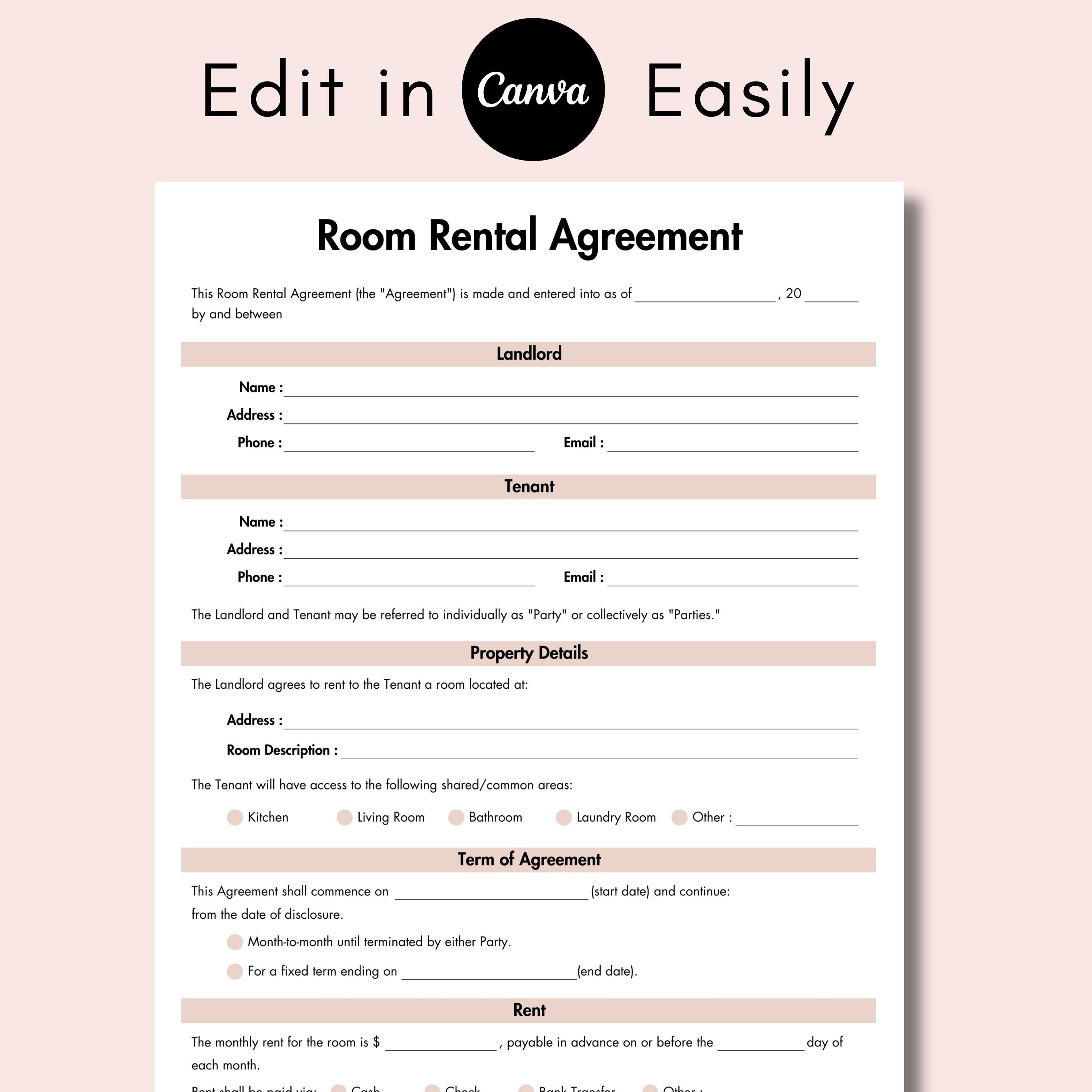 Room Rental Agreement, Printable Room Tenancy Agreement, Editable ...