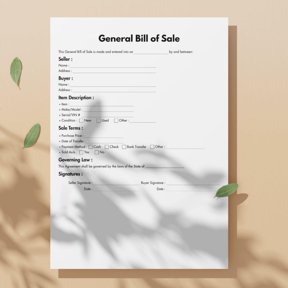 One Page General Bill of Sale, Editable Bill of Sale Form Template ...