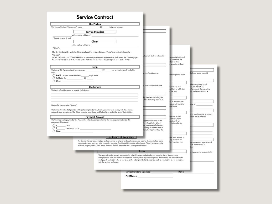 Services Contract Agreement, Printable Business Contract Template ...