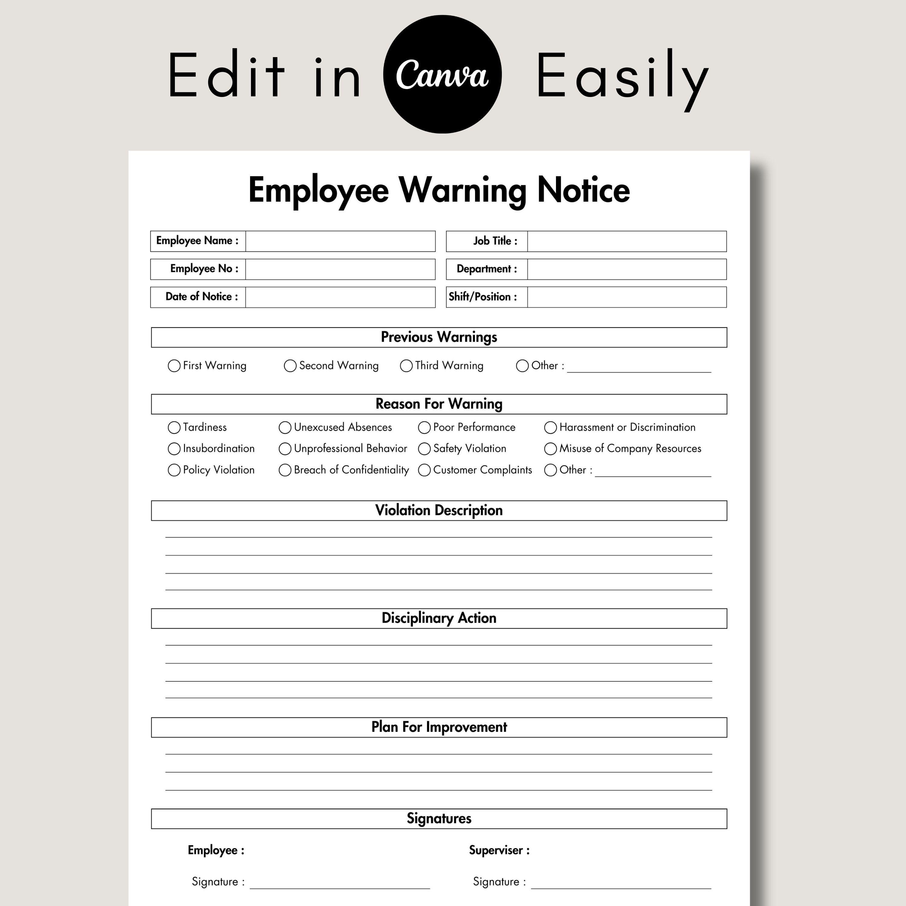 Employee Warning Notice, Printable & Editable Employee Warning Form ...