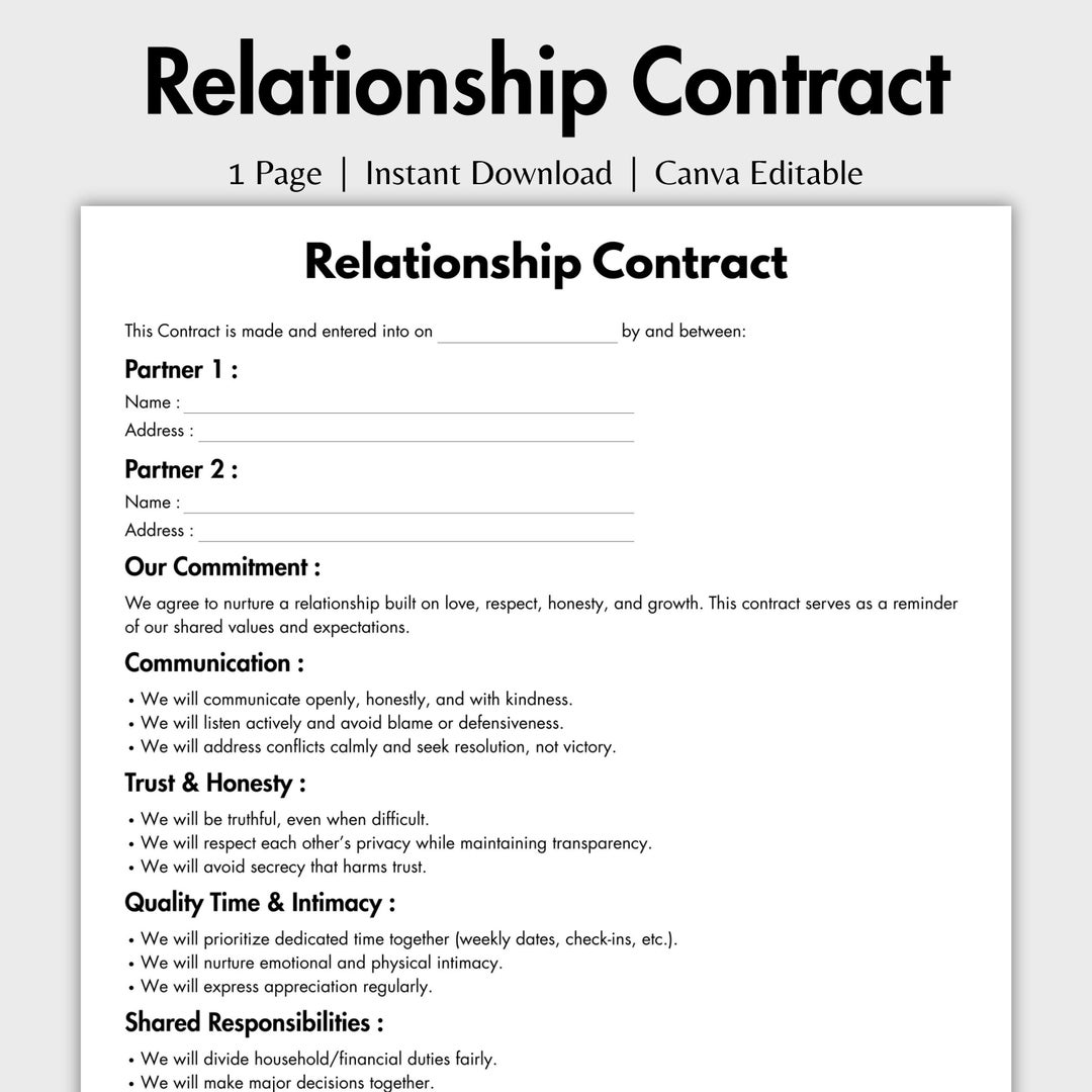 One Page Relationship Contract, Editable Couples Agreement Form ...