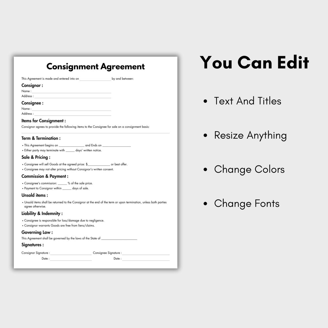 One Page Consignment Agreement, Editable Consignment Contract Form ...