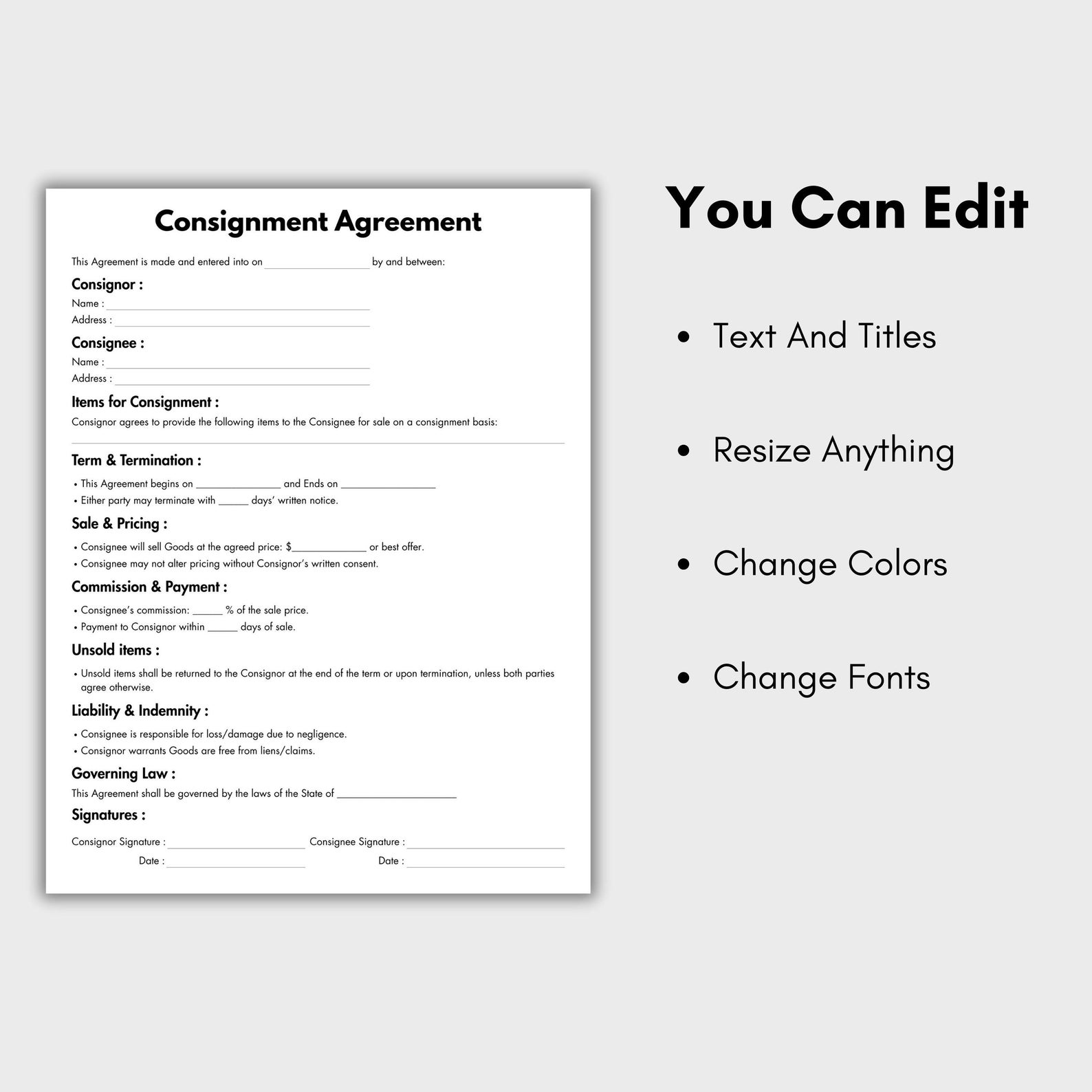 One Page Consignment Agreement, Editable Consignment Contract Form ...