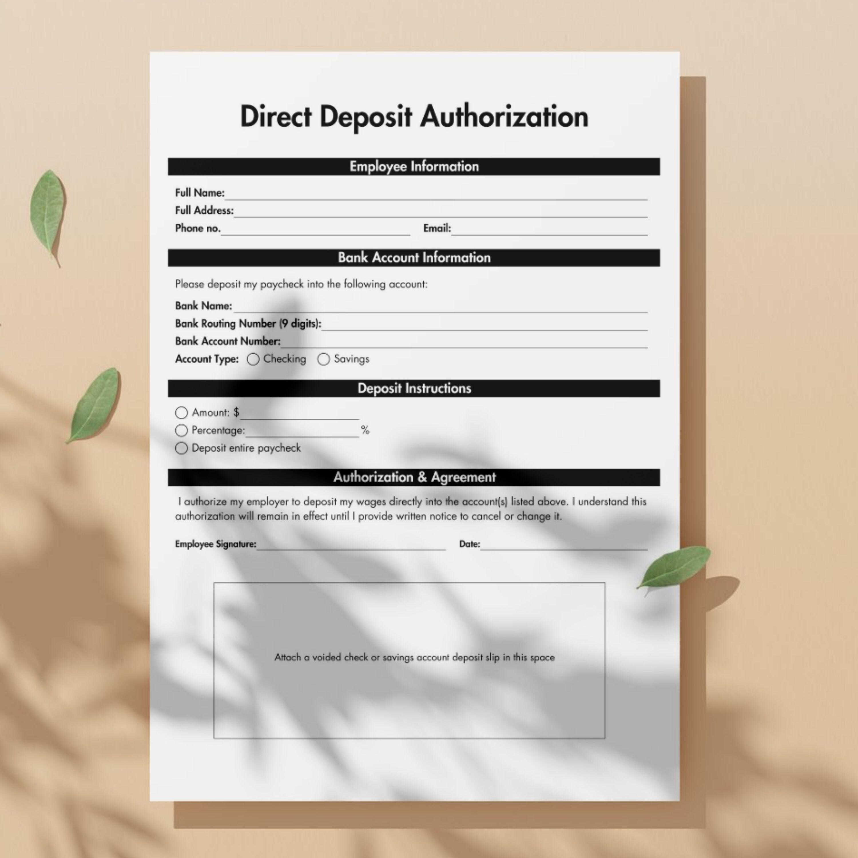 Direct Deposit Authorization Template Black, Employee Direct Deposit ...