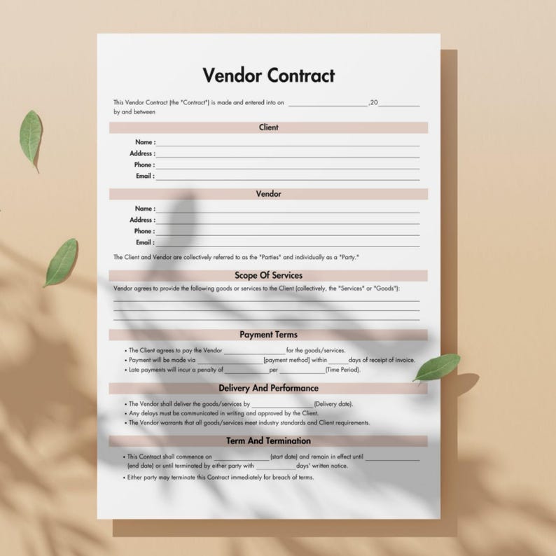 Vendor Contract Template, Editable Event Agreement, Sales Contract ...