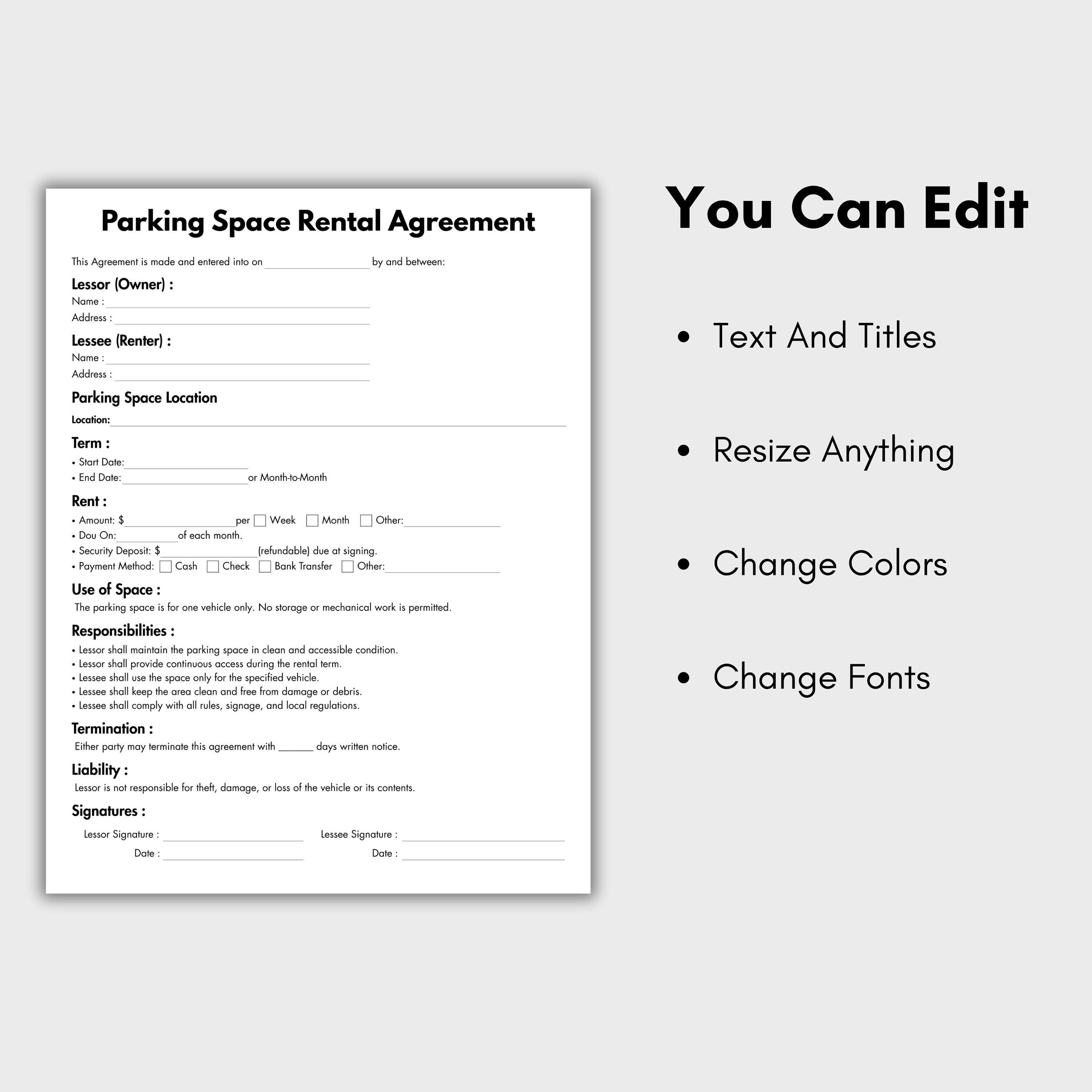 One Page Parking Space Rental Agreement, Editable Parking Permit Form ...