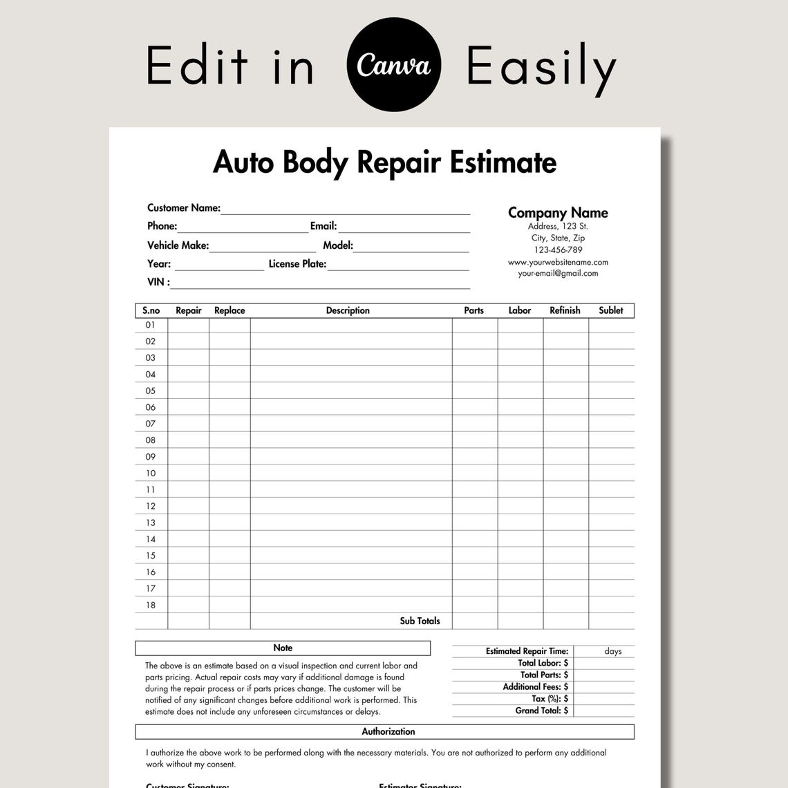 Editable Auto Body Repair Estimate, Auto Repair Estimate Template ...