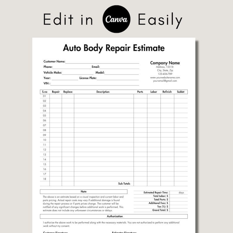 Editable Auto Body Repair Estimate, Auto Repair Estimate Template ...