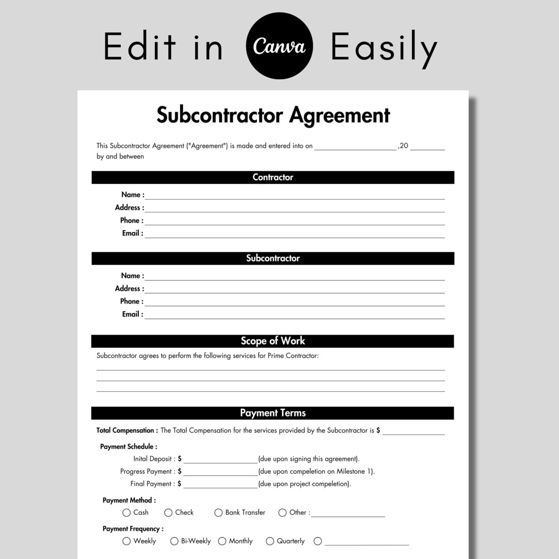 Editable Subcontractor Agreement Template, Printable Job Subcontractor ...