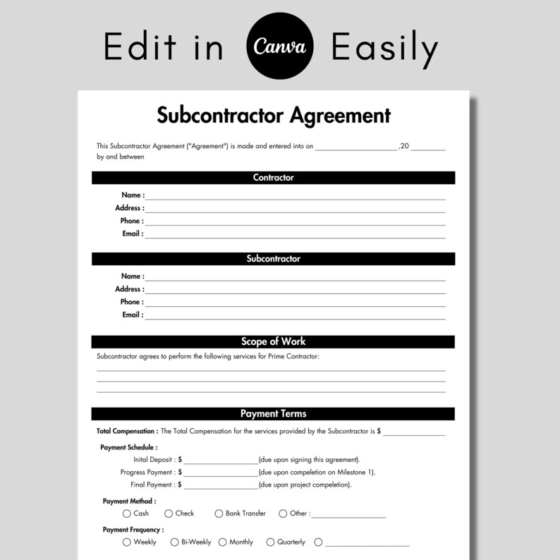 Editable Subcontractor Agreement Template, Printable Job Subcontractor Agreement Forms ...