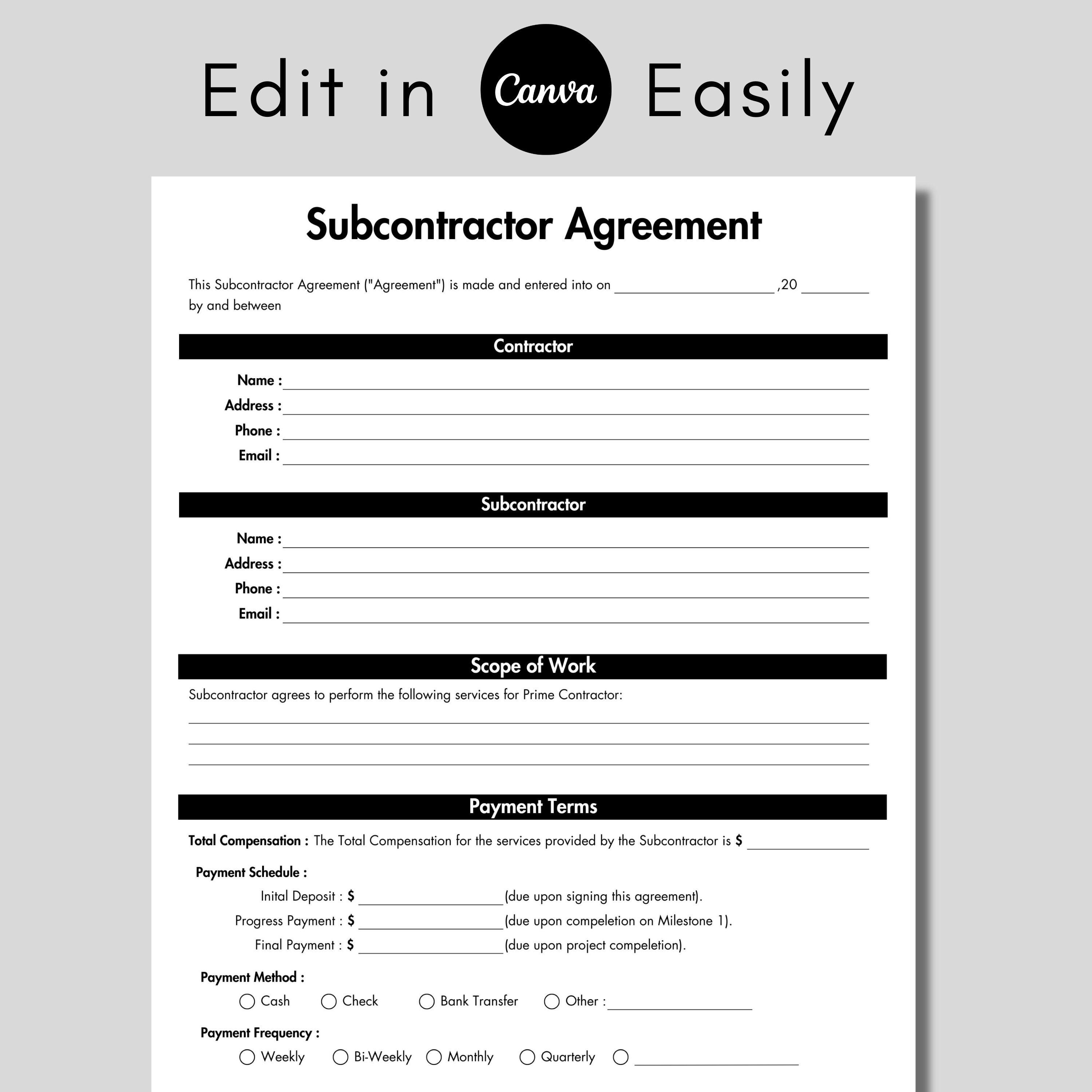 Editable Subcontractor Agreement Template, Printable Job Subcontractor ...