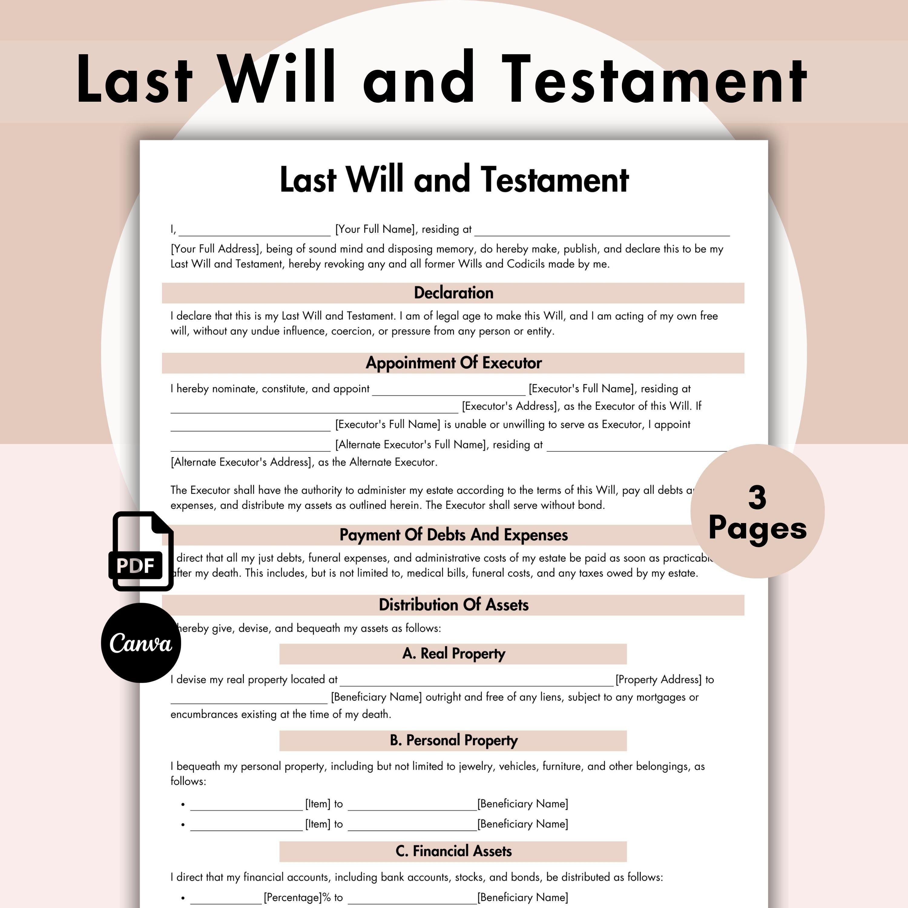 Last Will and Testament | Editable & Printable | Personalized Will and ...