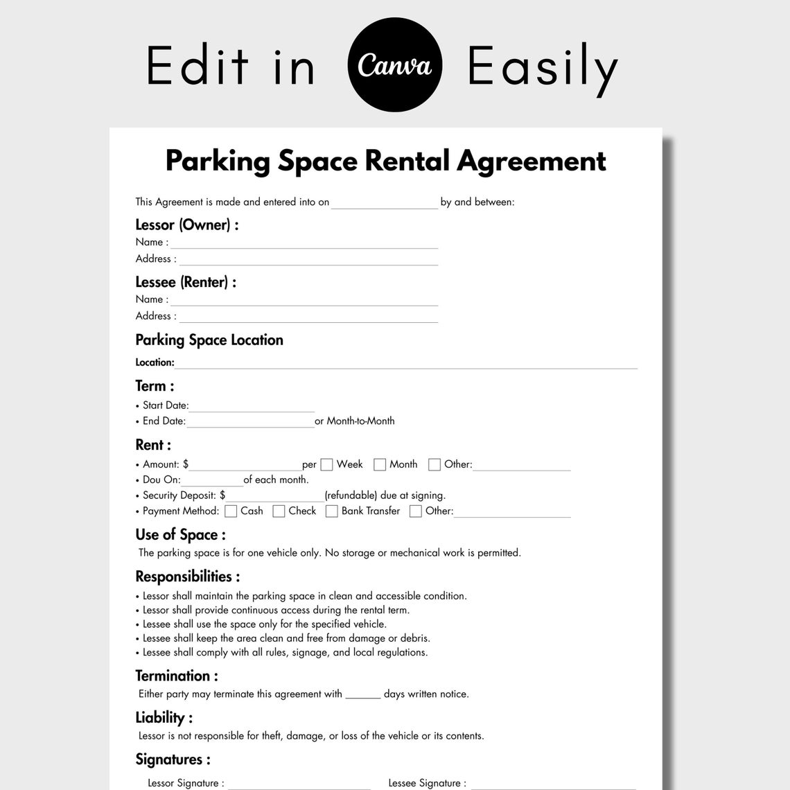 One Page Parking Space Rental Agreement, Editable Parking Permit Form ...