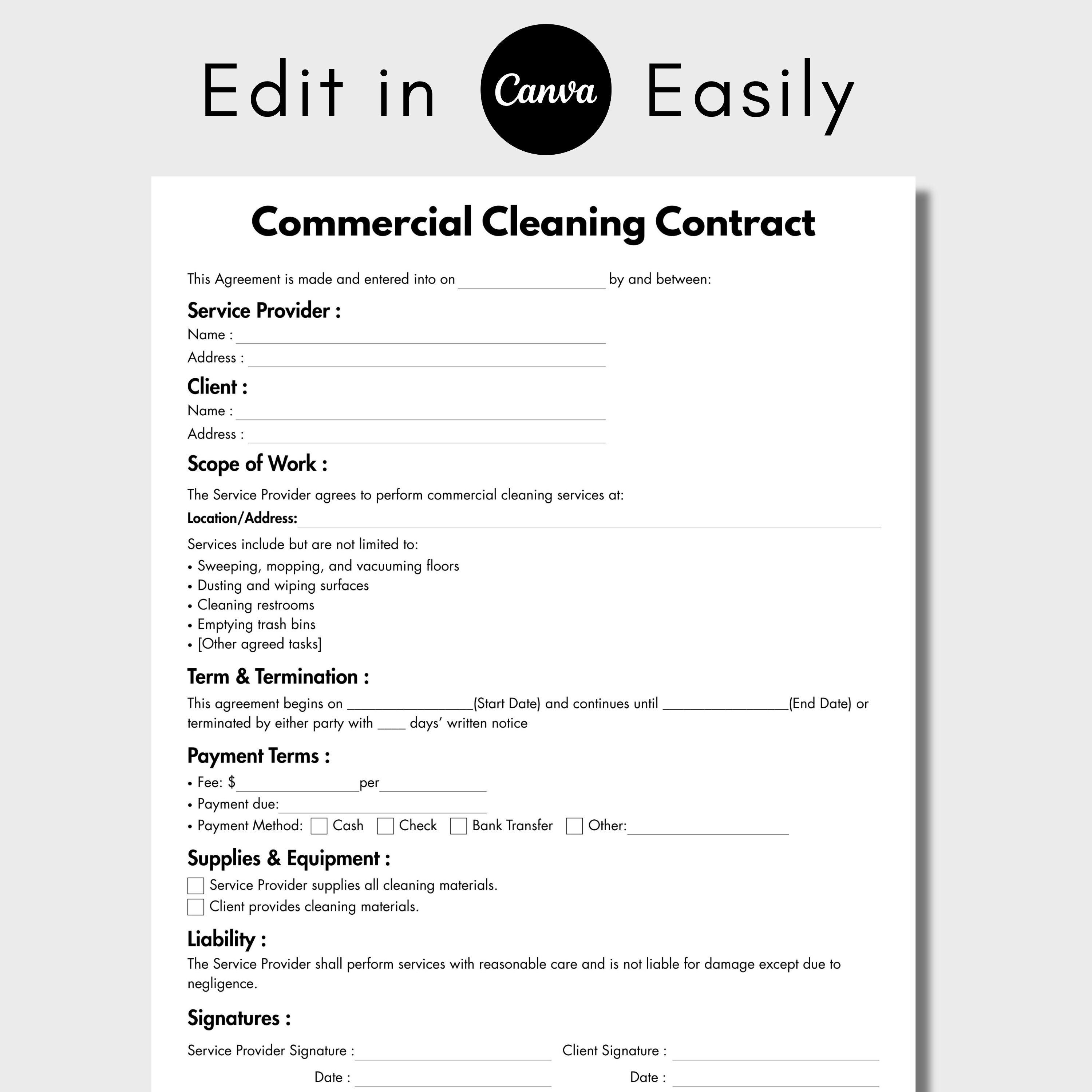 One Page Commercial Cleaning Contract, Editable Cleaning Agreement Form ...