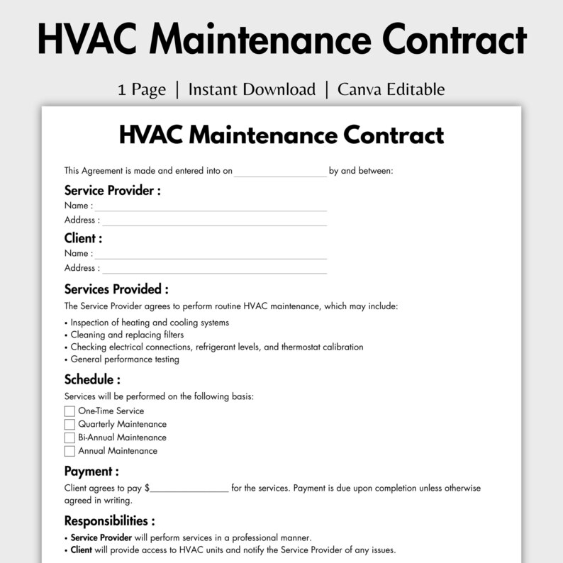 One Page HVAC Maintenance Contract, Editable Heating & Cooling Service ...