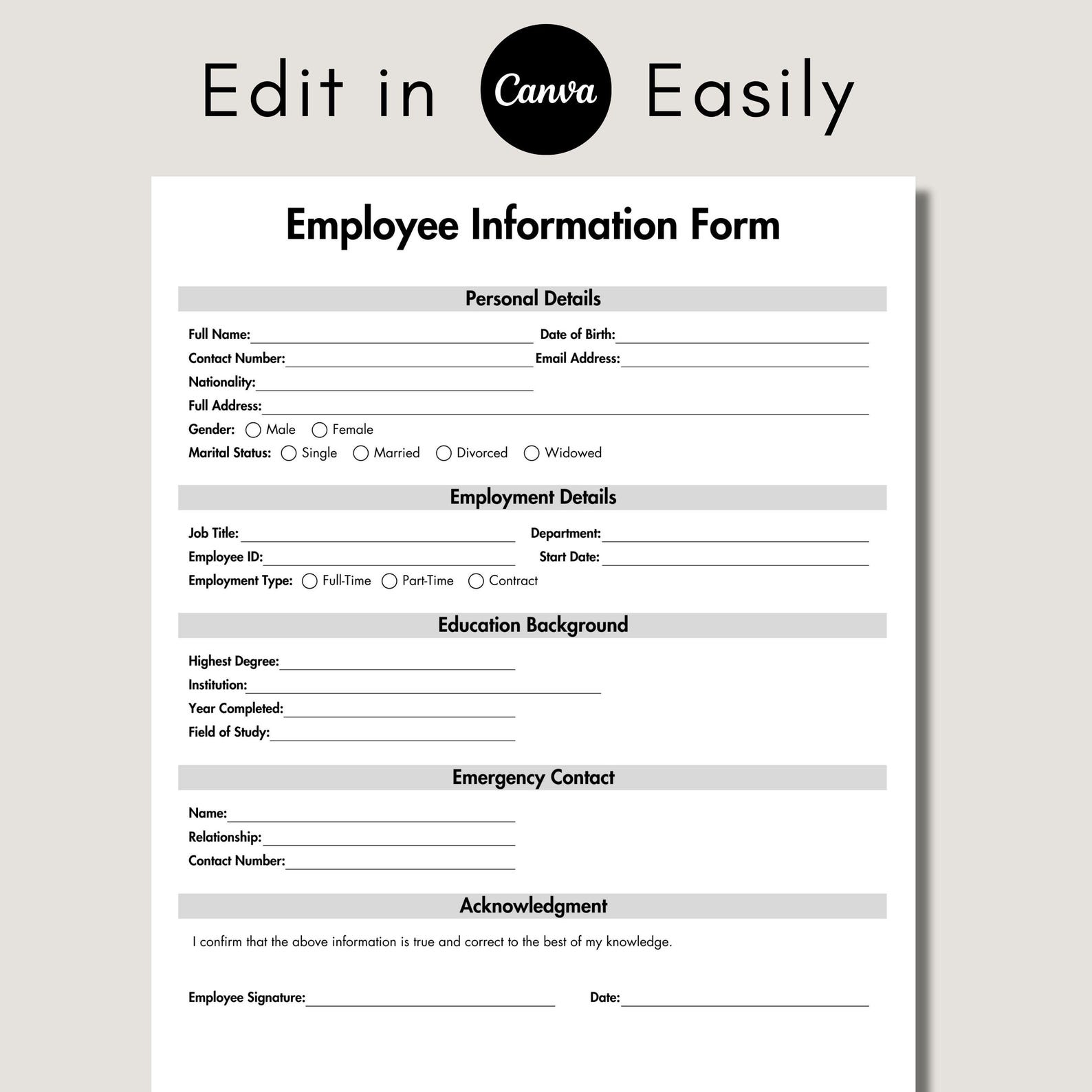 Employee Information Form Template, Editable HR Templates Employee Form ...