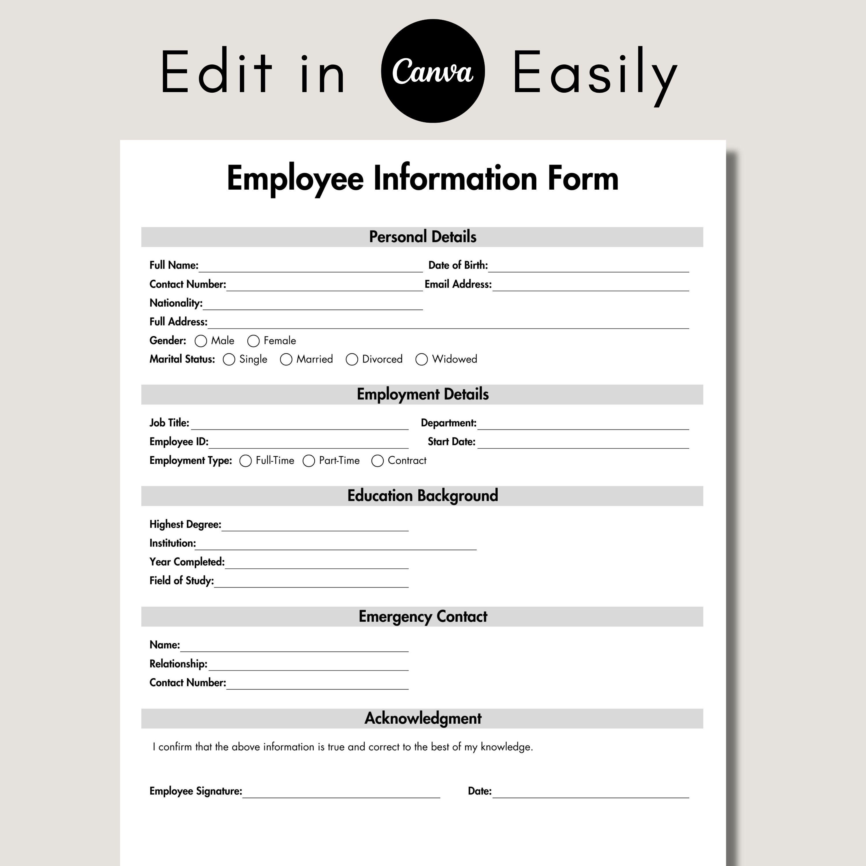 Employee Information Form Template, Editable HR Templates Employee Form ...