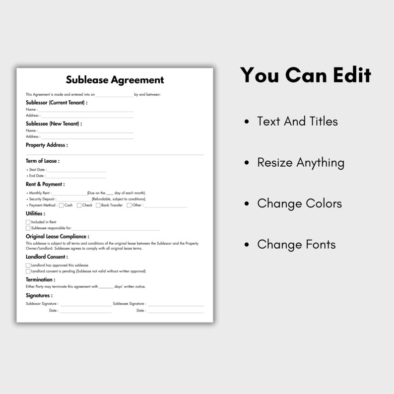 One Page Sublease Agreement, Editable Commercial Sublet Contract Form ...