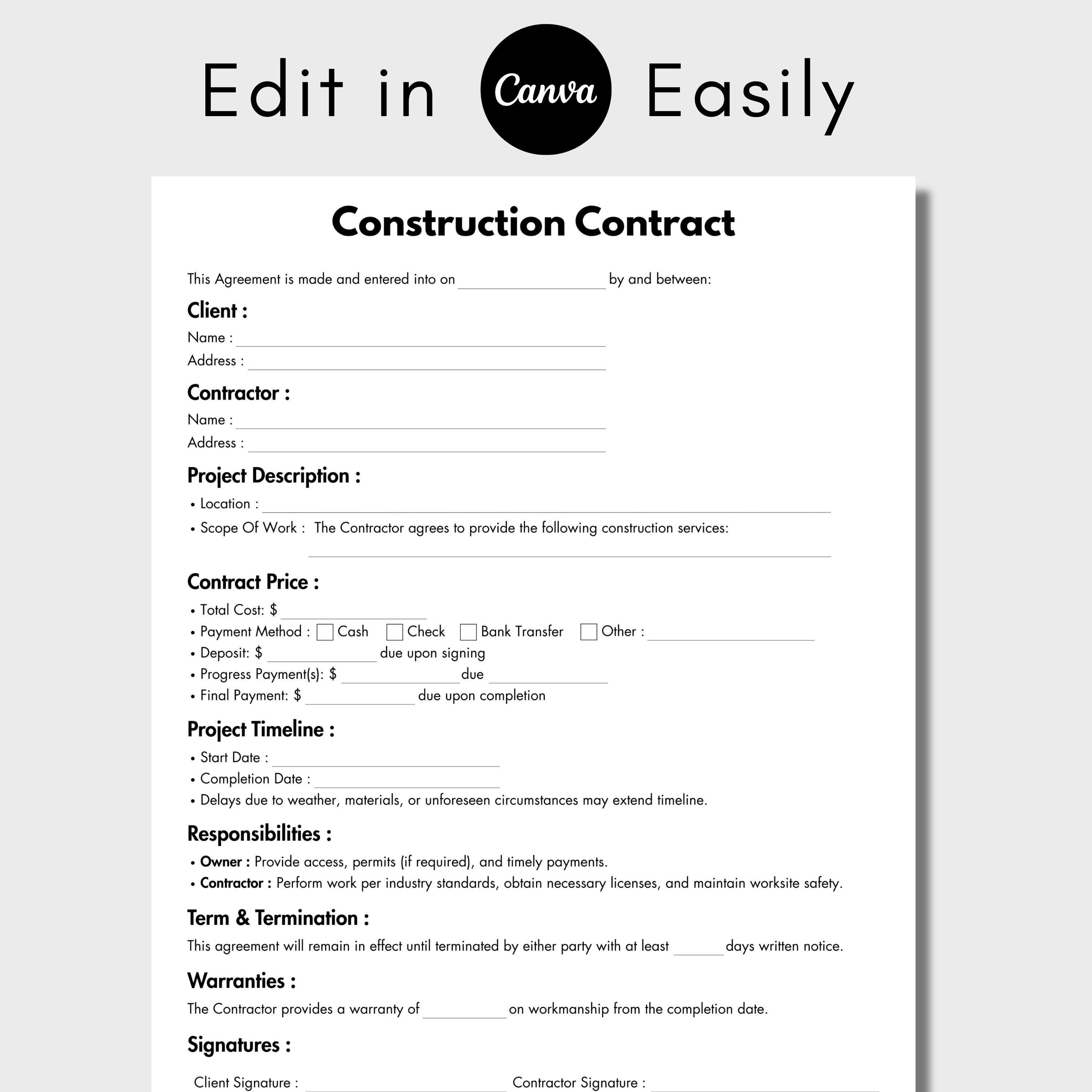 One Page Construction Contract, Editable Construction Agreement Form ...