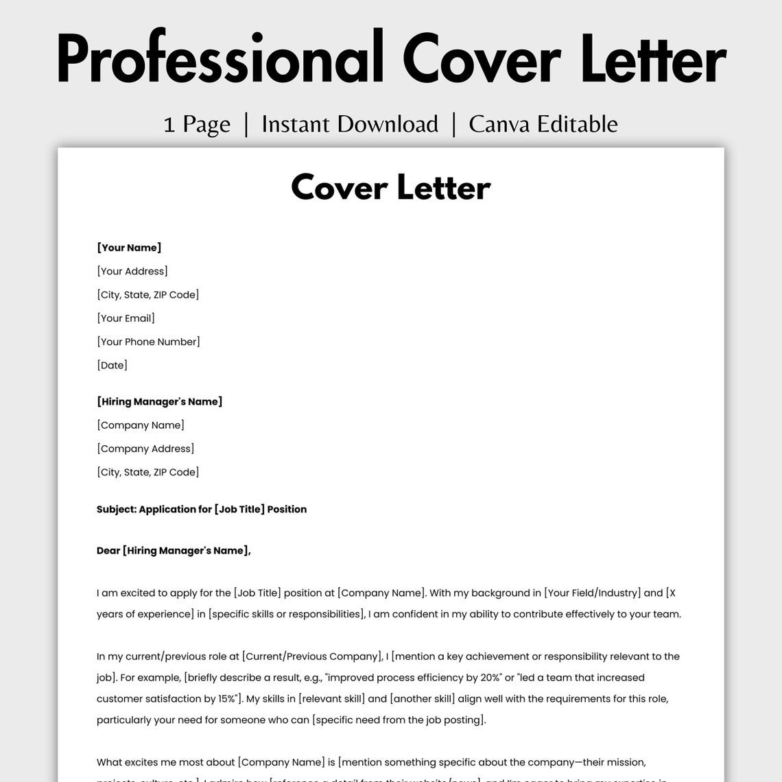 Editable Cover Letter, Printable Business Cover Letter, Job Cover ...
