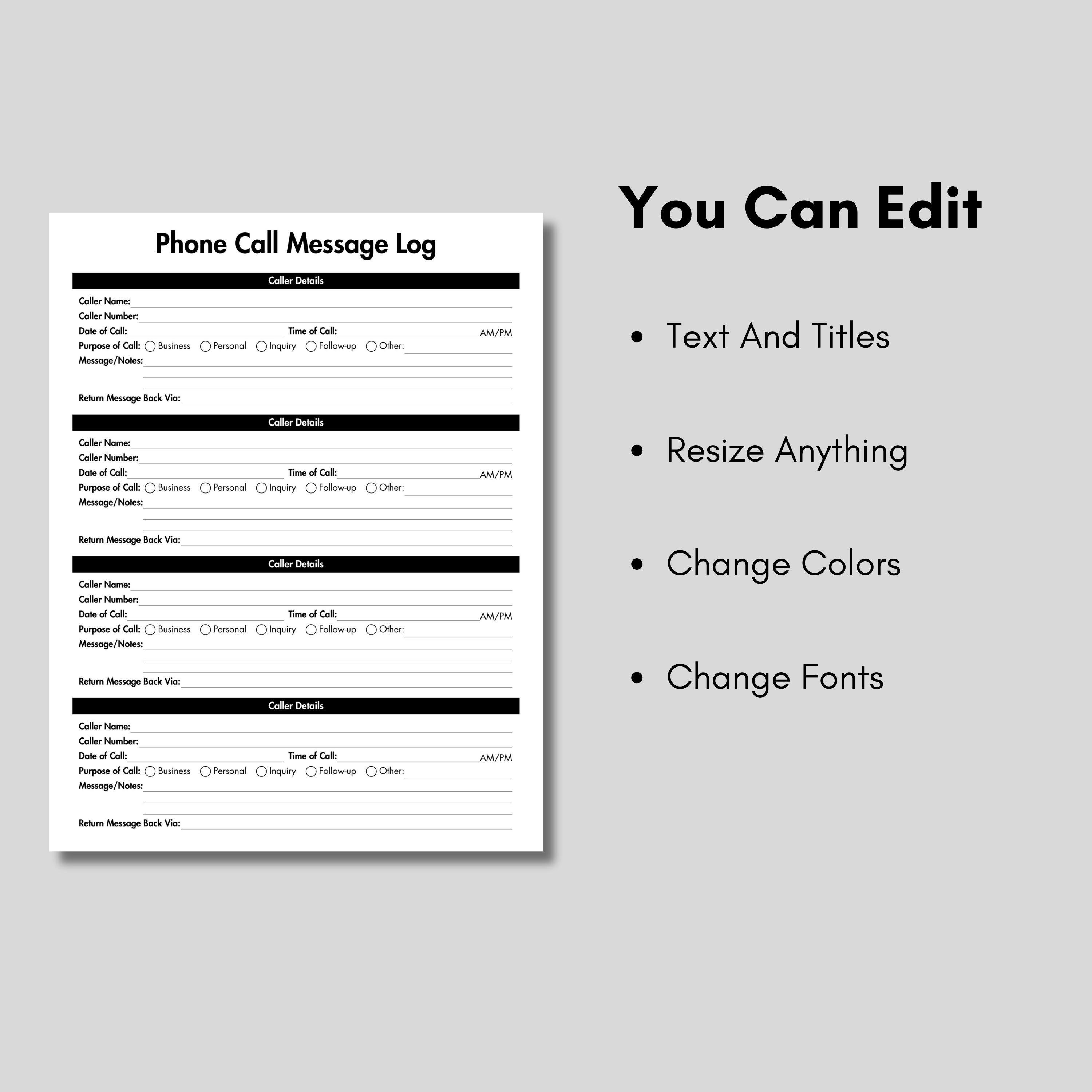 Phone Call Message Log Template Black, Communication Log Form ...