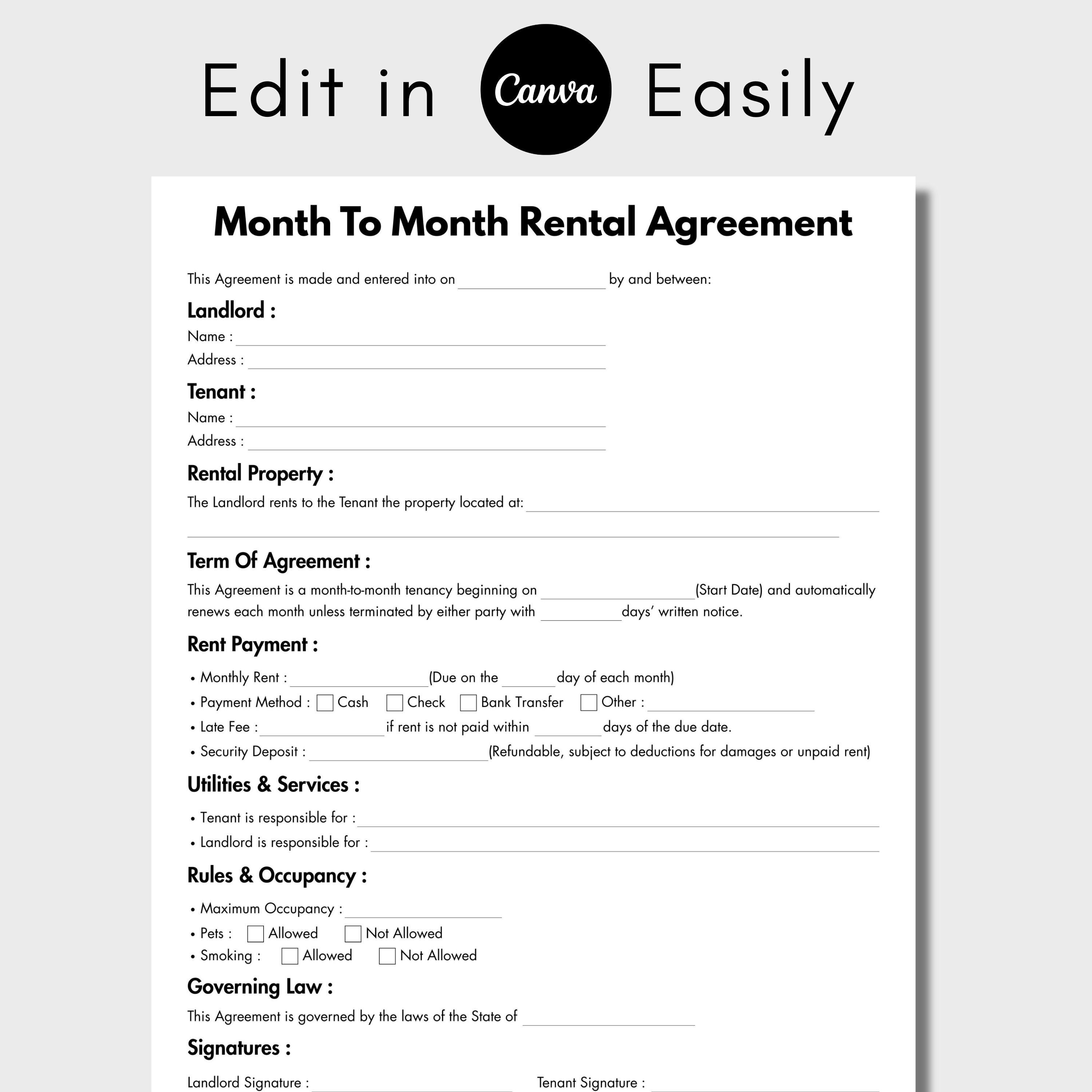 One Page Month to Month Rental Agreement, Editable Tenant Agreement ...