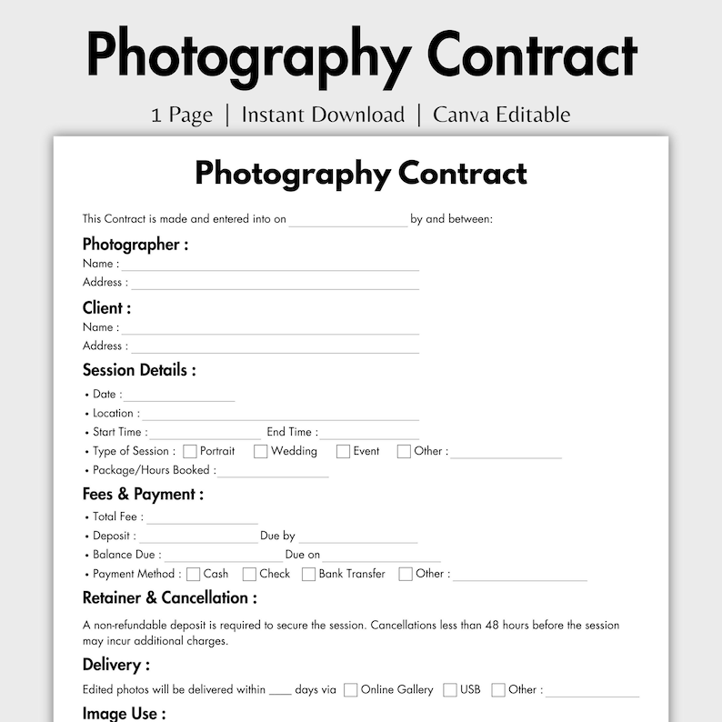 One Page Photography Contract, Editable Contract for Photographers ...