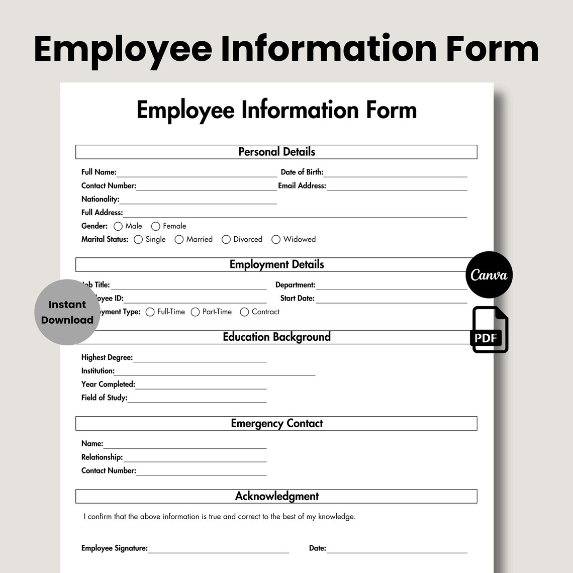 Editable Employee Information Form, HR Templates Employee Form, New ...