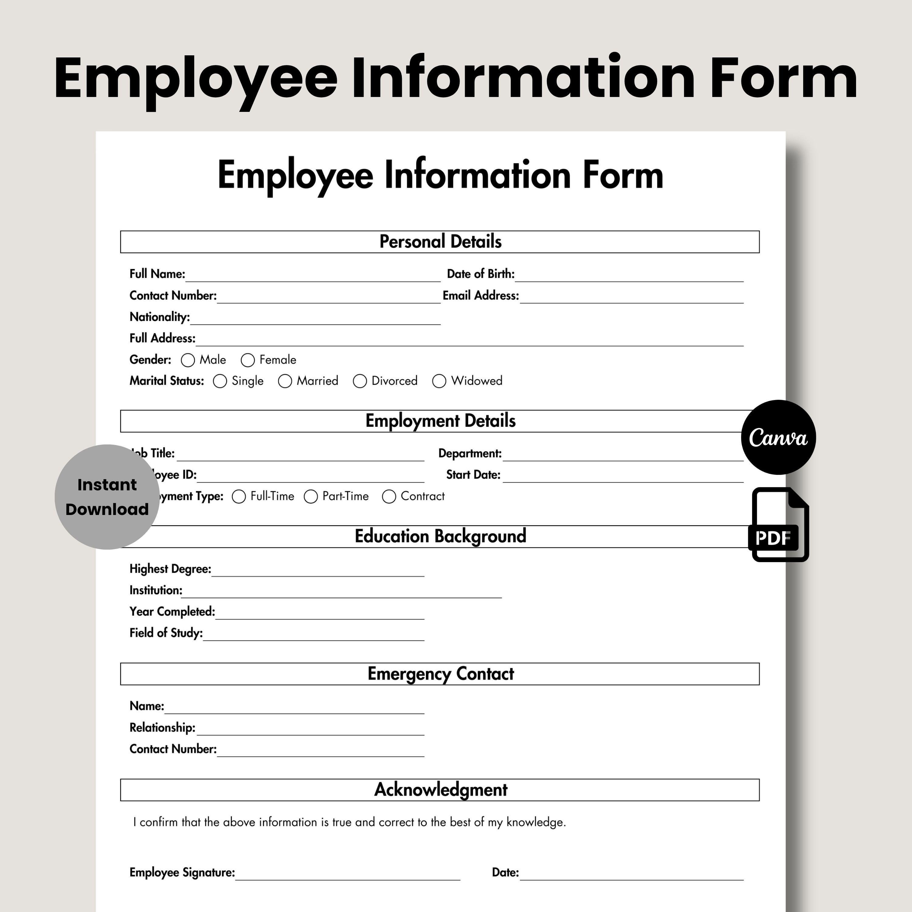 Editable Employee Information Form, HR Templates Employee Form, New ...