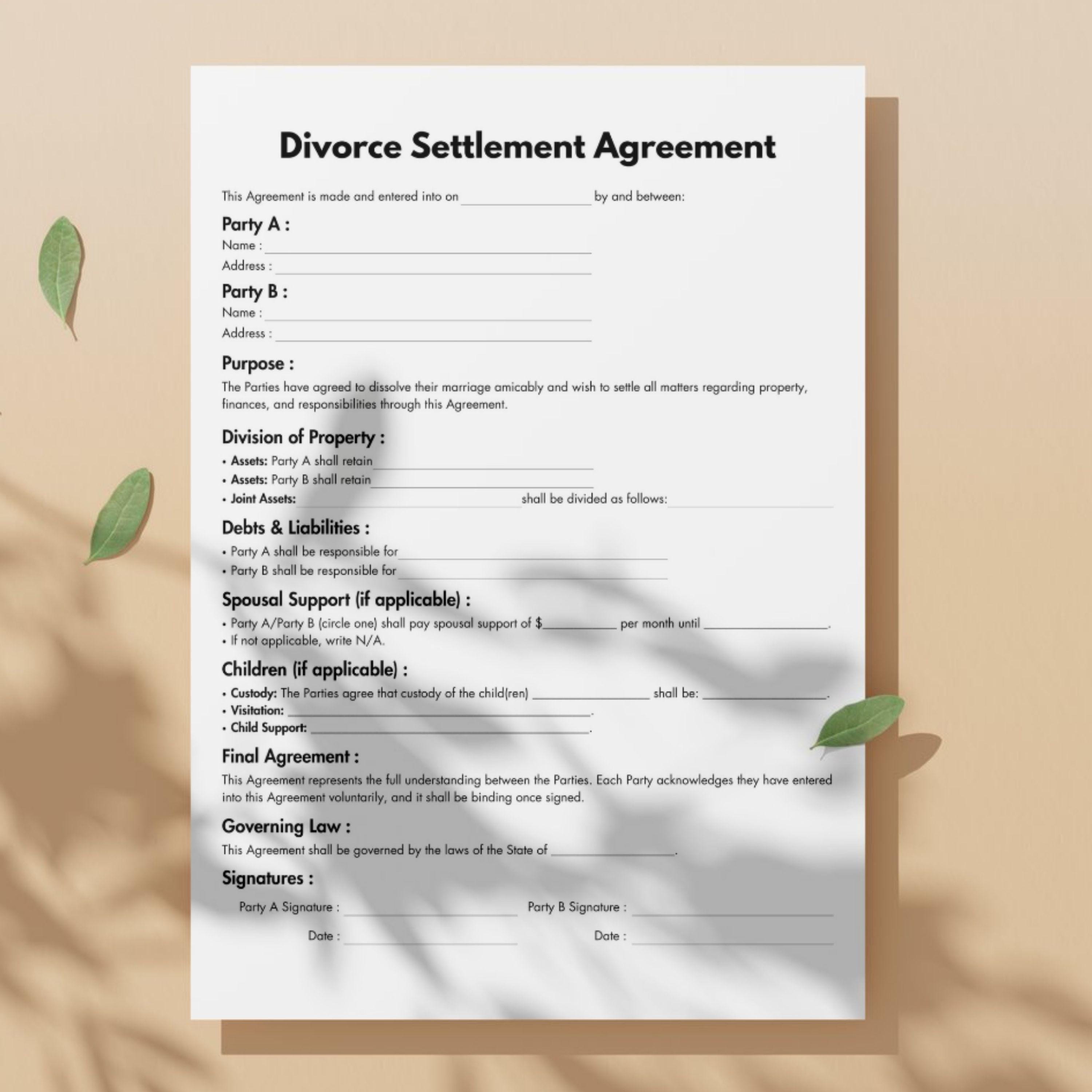 One Page Divorce Settlement Agreement, Editable Marriage Dissolution ...