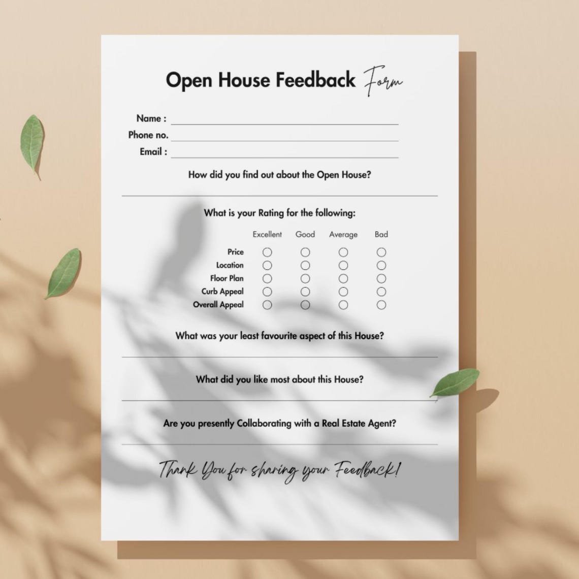 Open House Feedback Form, Printable & Editable Real Estate Open House ...