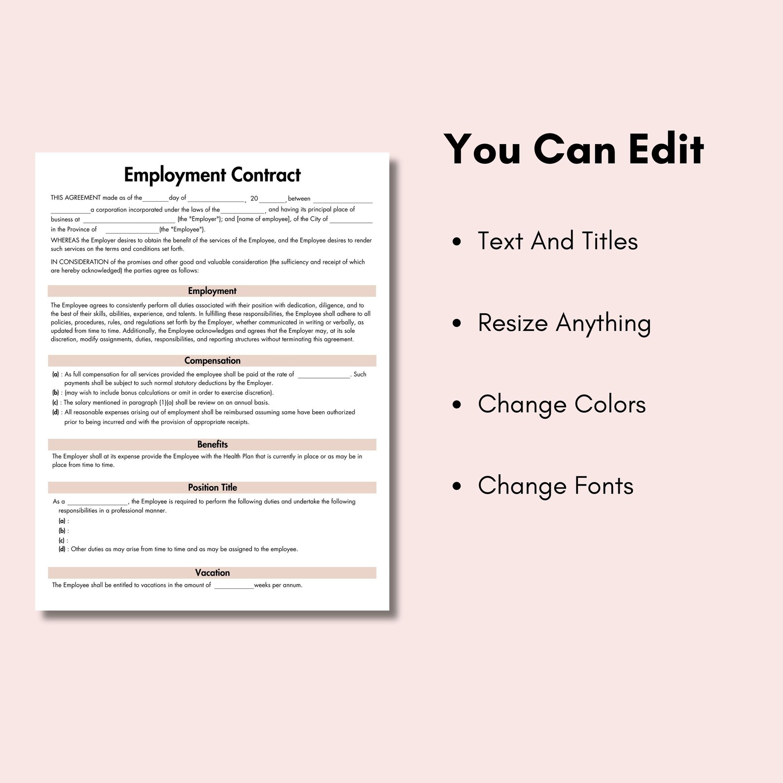 Employment Agreement Template, Editable Employment Service Contract ...