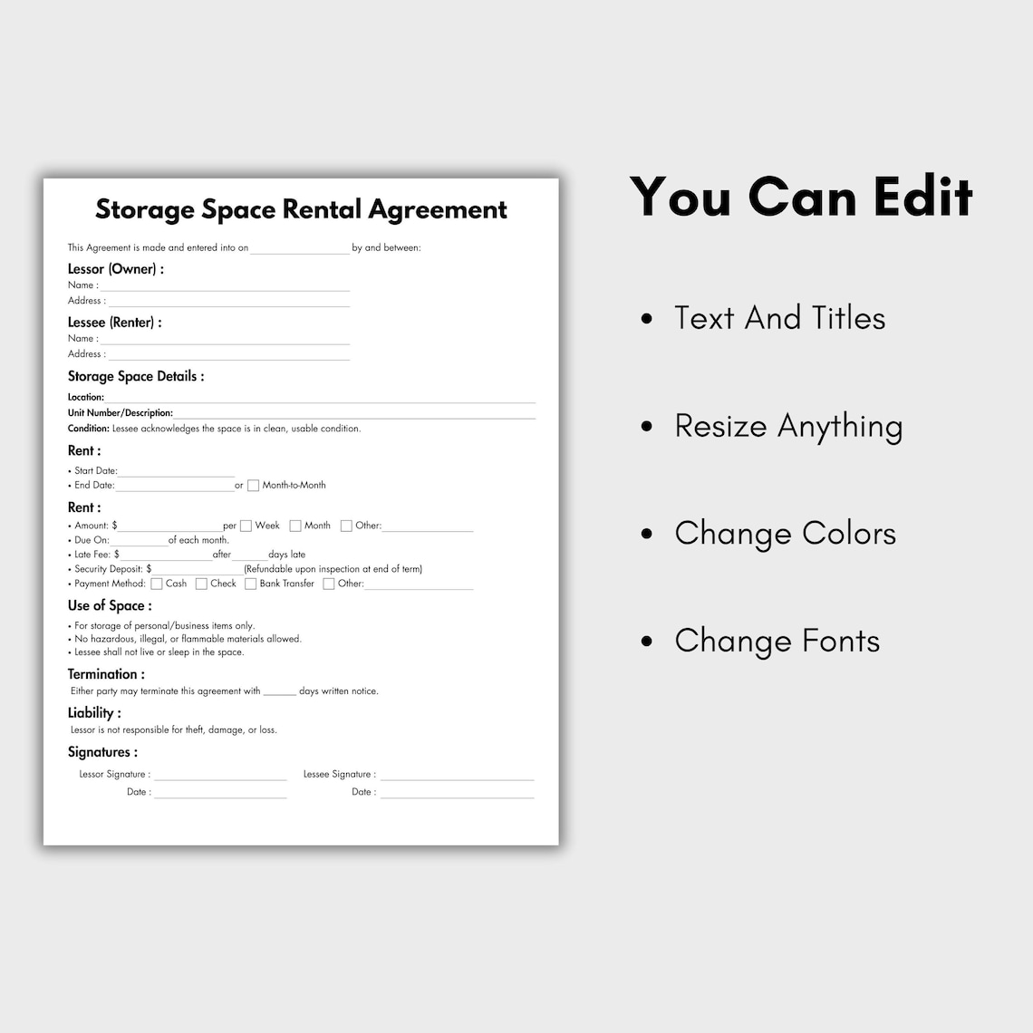 One Page Storage Space Rental Agreement, Editable Contractor Storage ...