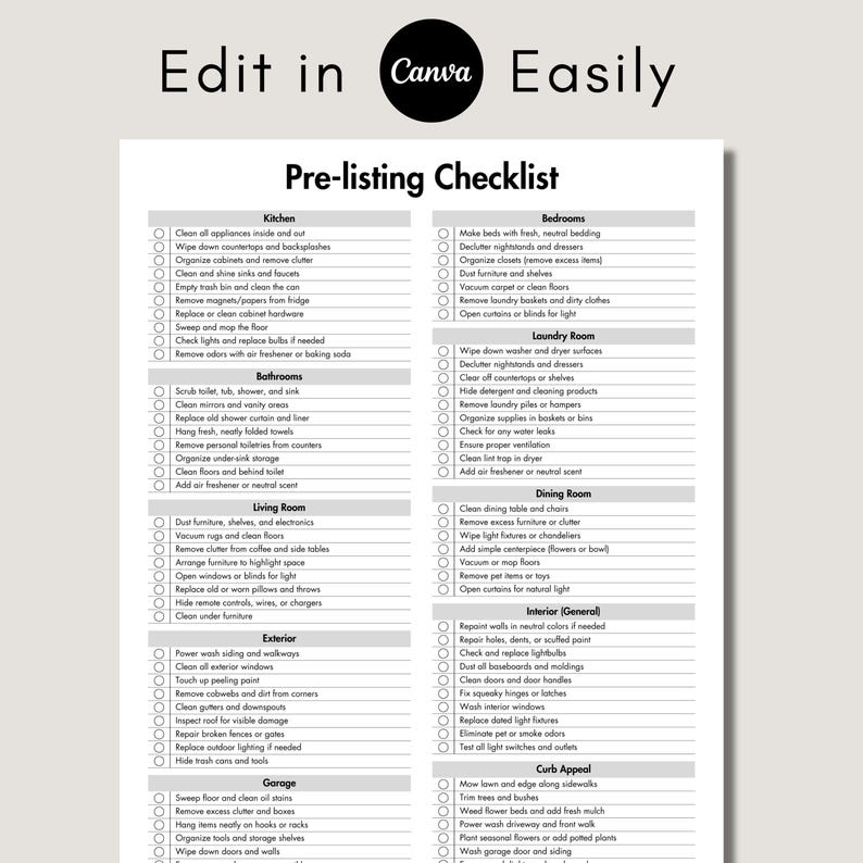 Pre-listing Checklist Template, Editable Home Seller Checklist Form ...