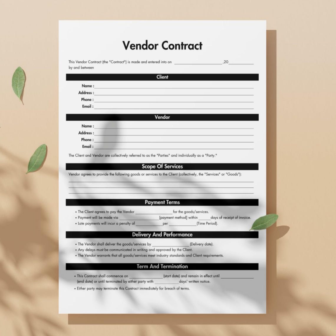 Editable Vendor Contract Template, Printable Event Agreement, Sales ...